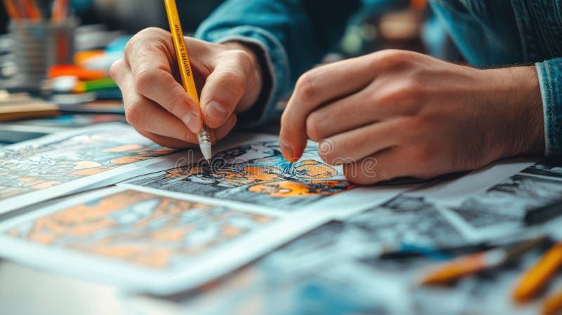 Passionate Comic Book Artist Creating Engaging Panels: Hands Drawing ...