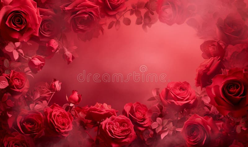 Passionate Frame: Red Roses on Red Background, Offering Creative Space ...