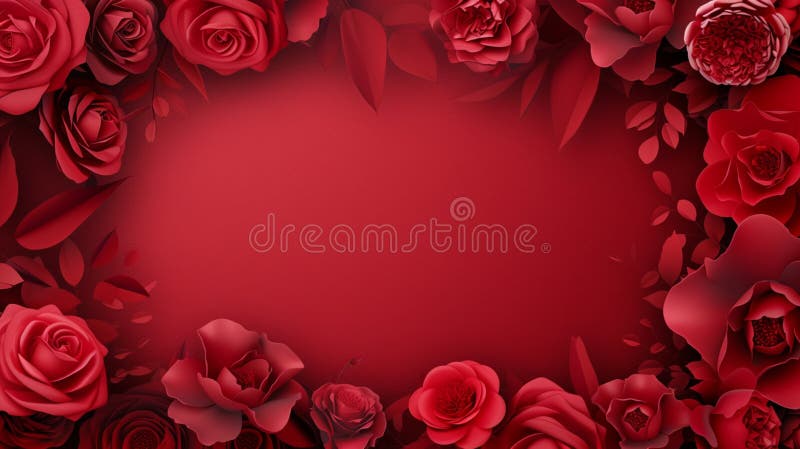 Passionate Frame: Red Roses on Red Background, Offering Creative Space ...