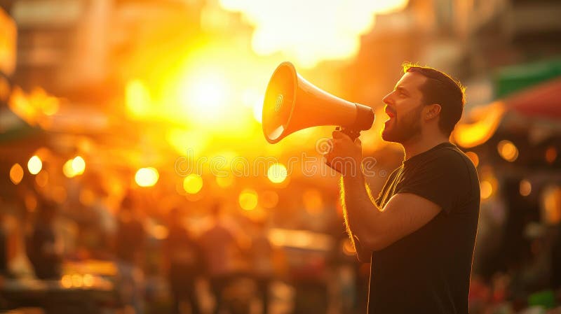A Passionate Man Shouting through a Megaphone Against a Vibrant Sunset ...