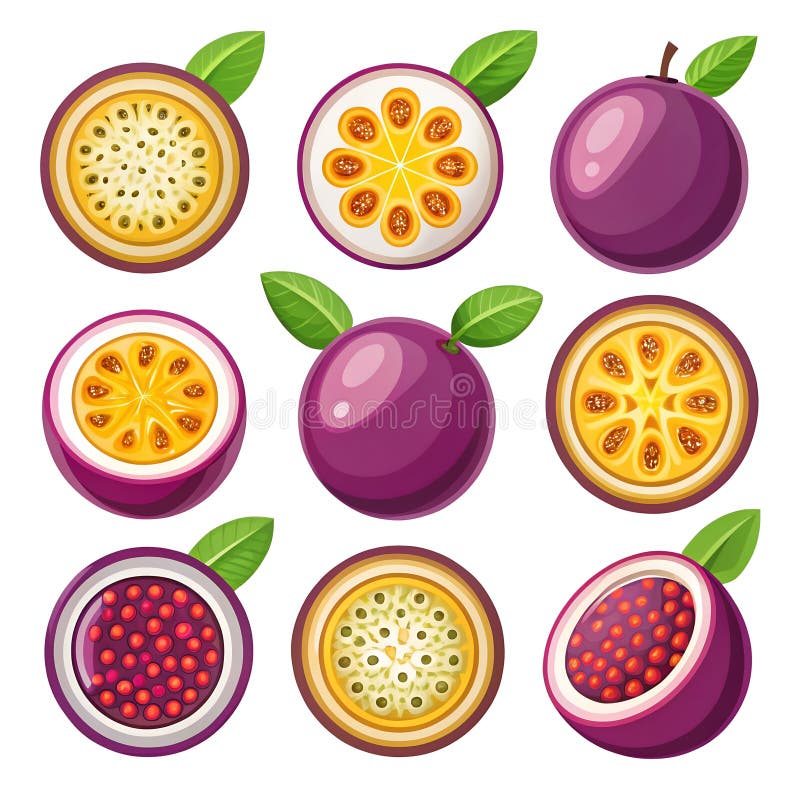Passionfruit Icon Set in Flat Vector Style Stock Illustration - Illustration of organic, shape ...