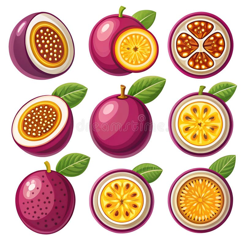 Passionfruit Icon Set in Flat Vector Style Stock Illustration - Illustration of healthy, graphic ...