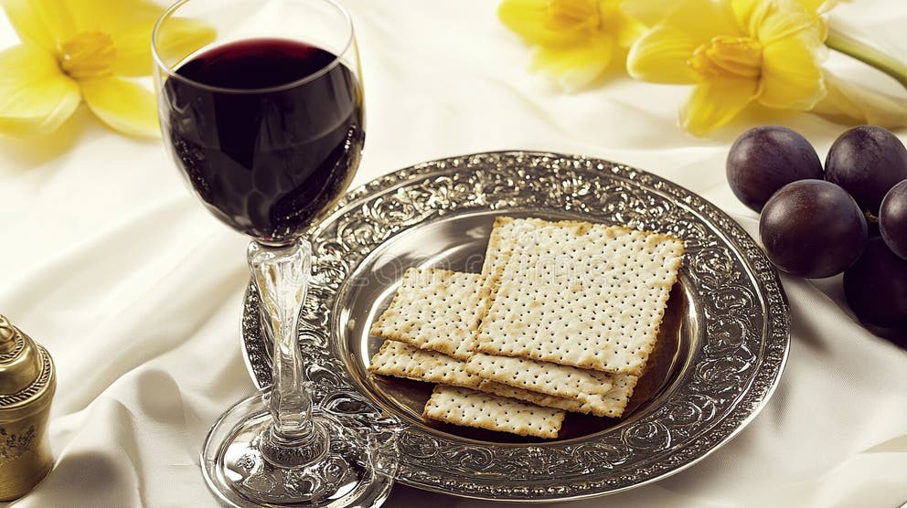 Passover Seder Matzah, Wine, Fruit, Flowers Stock Photo - Image of ...