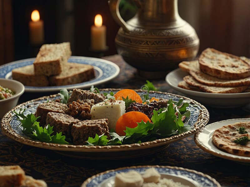 Passover Seder Plate with Traditional Food on Table, Closeup. Stock ...