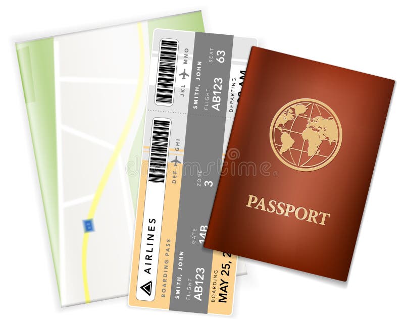 Passport Airplane Ticket And Map Travel Accessories Stock Vector