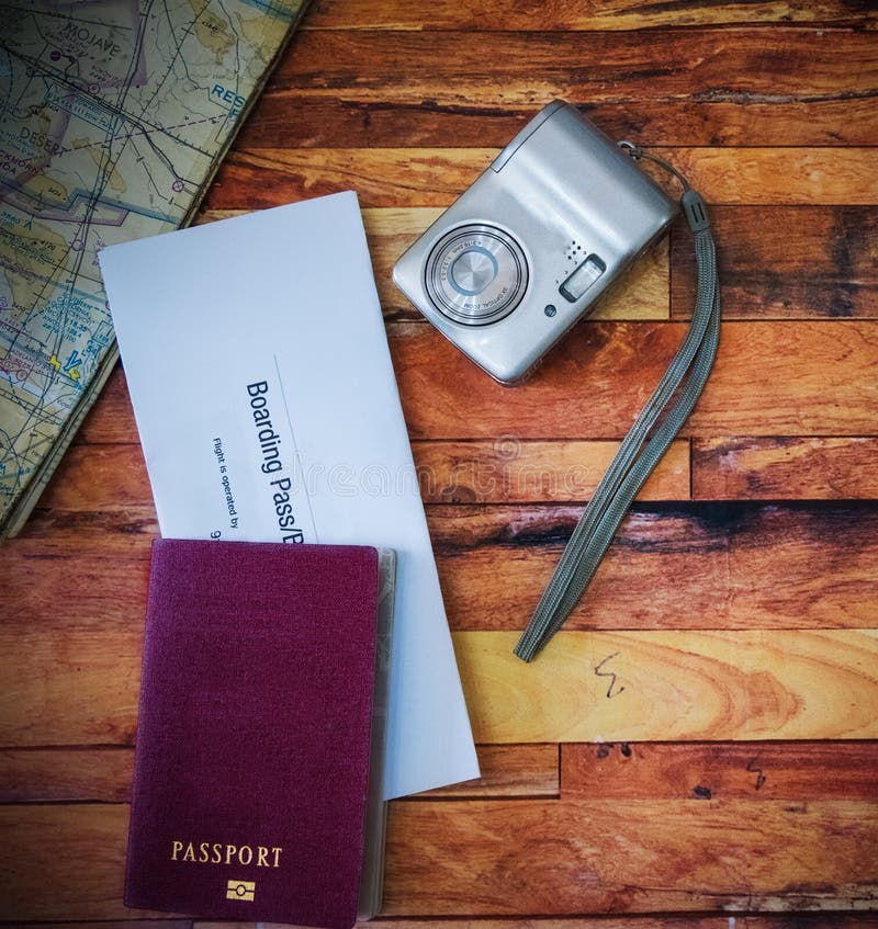 Passport, Camera, Map, Watch and Airline Ticket Stock Image - Image of ...