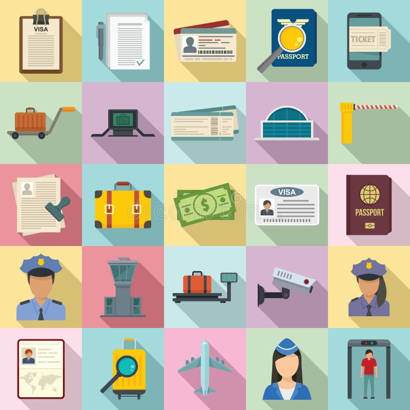 Passport Control Icons Set, Flat Style Stock Vector - Illustration of ...
