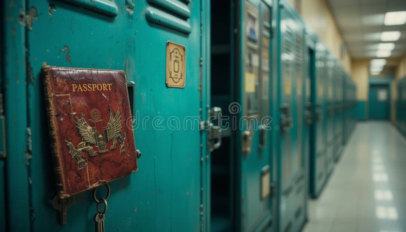 A Passport Hanging from a Teal Locker in a Long Hallway Stock ...