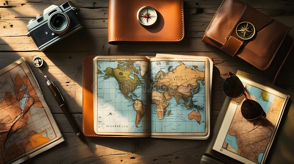 Passport, Maps, and Vintage Camera Setup Stock Photo - Image of poster ...