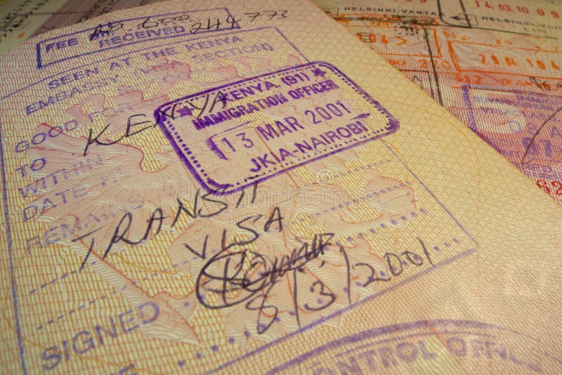 Passport Page with Transit Kenyan Visa and Immigration Control Stamp ...