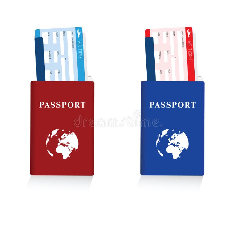 Passport in Red and Blue Color with Air Ticket Set Illustration Stock ...