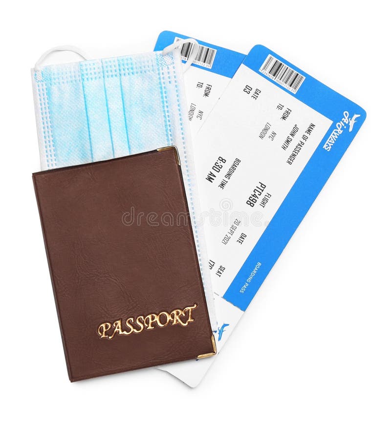 Passport Tickets And Protective Mask On White Background Top View