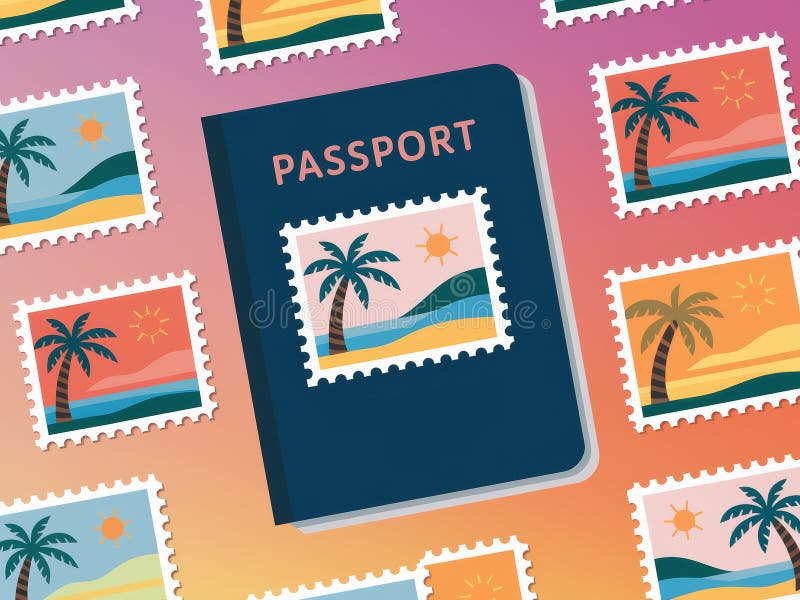 Passport and Tropical Postage Stamps with Scenic Beach Illustrations ...