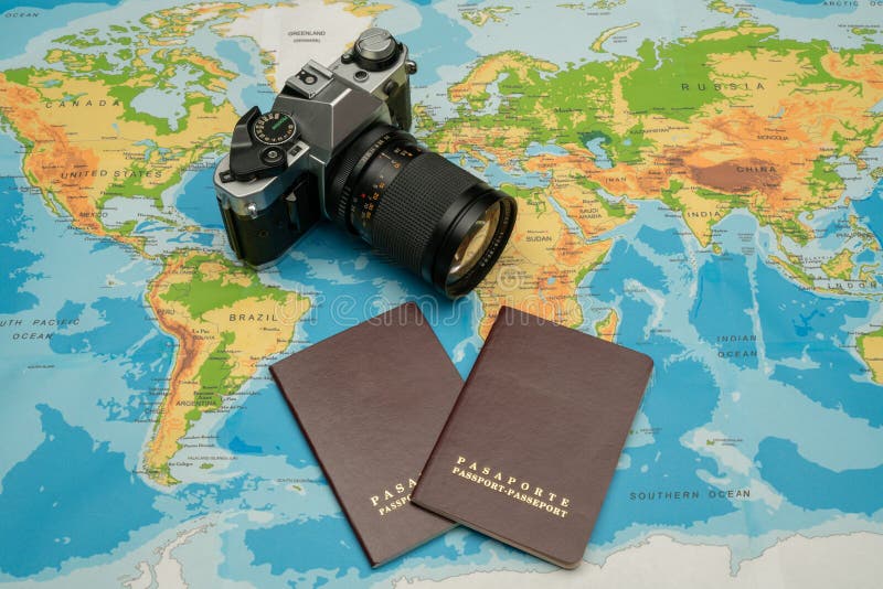 Passport, World Map, Camera. Travel Concept Stock Image - Image of ...