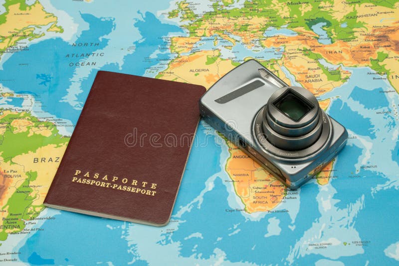 Passport, World Map, Camera. Travel Concept Stock Image - Image of ...