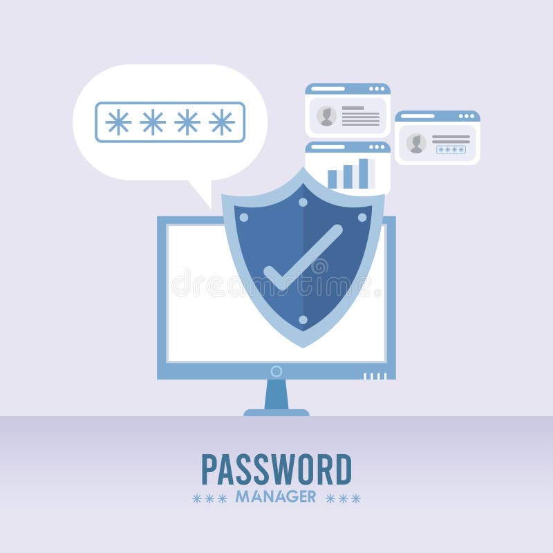 Password Manager Theme with Check Symbol in Shield and Desktop Computer ...