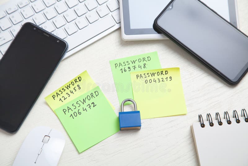 Password Message Written on Sticky Notes. Smartphones, Padlock on the ...