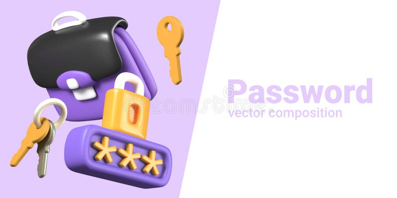 Password Protection. 3D Briefcase, Keys of Various Types, Padlock with ...