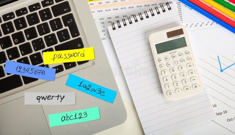 Password Weak, Bad Cyber Security. Laptop Computer with Memo Sticks ...