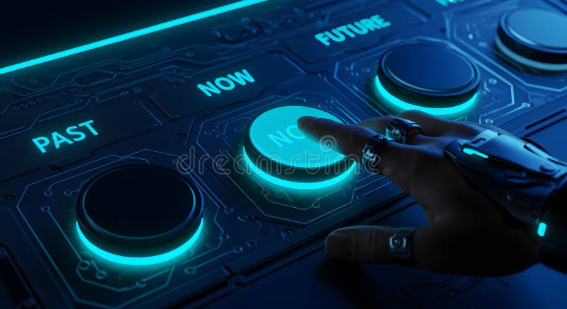 Past Now Future Concept with Robotic Hand Pressing Button for Time ...