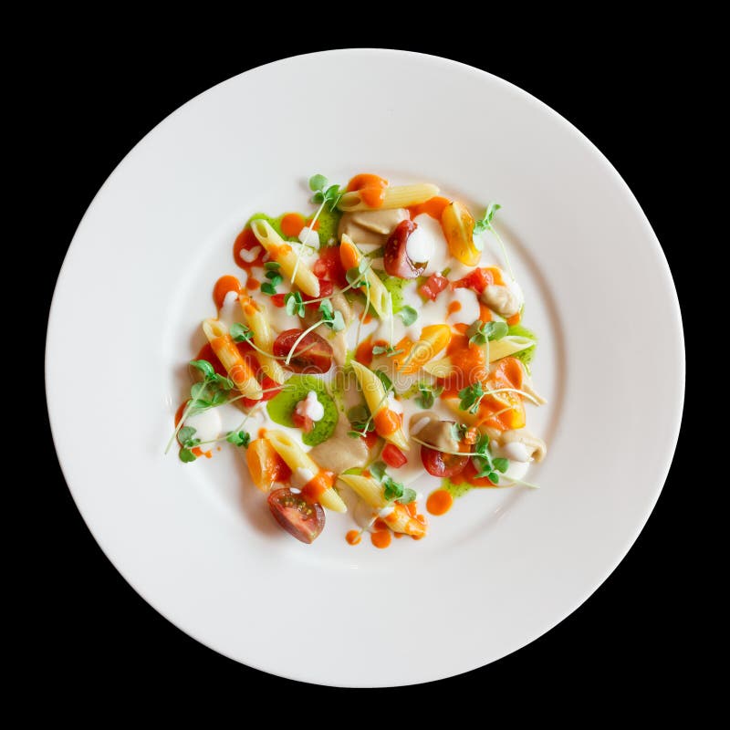 Pasta Alla Norma Cooked in Modern Way, Above View, Isolated on Black ...