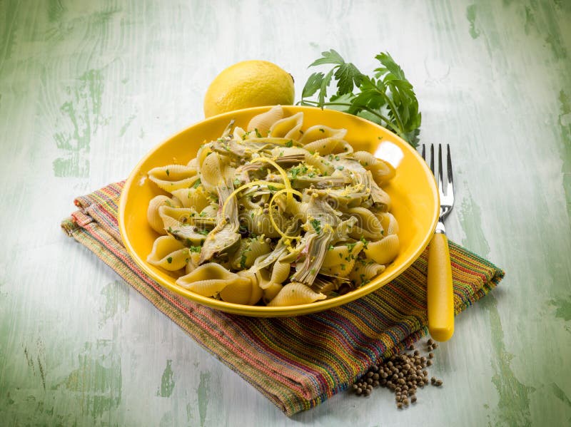 Pasta with Artichoke and Lemon Peel Stock Photo - Image of garlic ...
