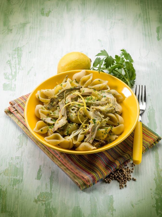 Pasta with Artichoke and Lemon Peel Stock Image - Image of grated ...