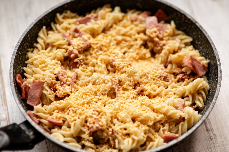 Pasta with Bacon and Cheese with a Creamy Sauce Stock Image - Image of ...