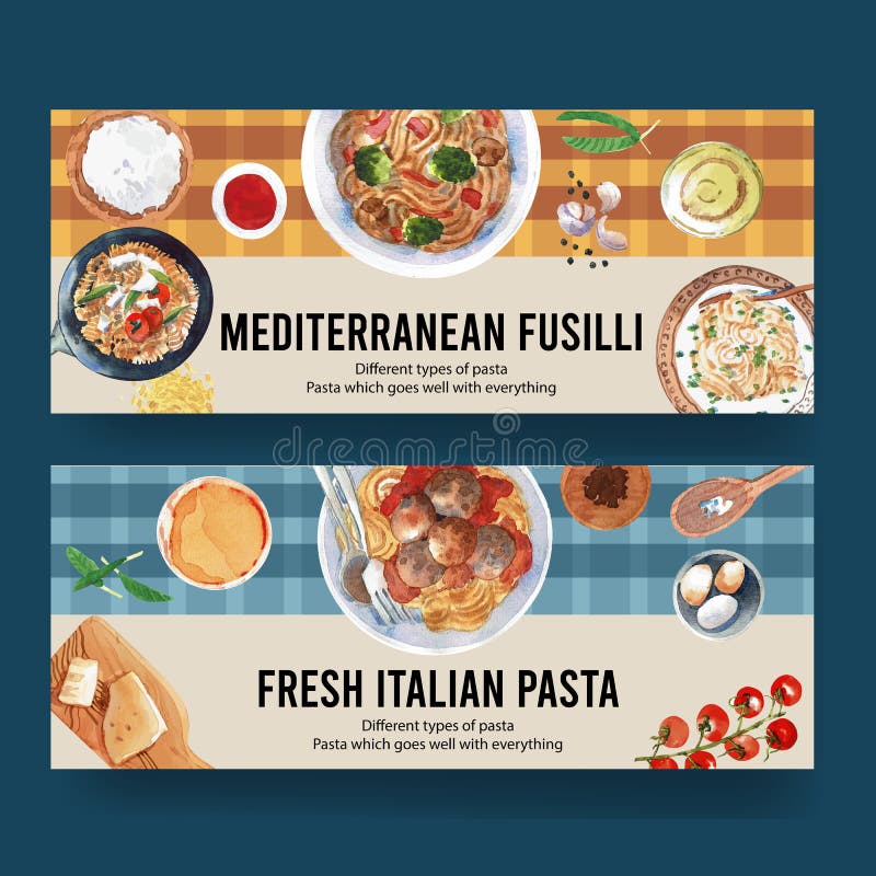 Pasta Banner Design with Pasta, Ingredients Watercolor Illustration ...