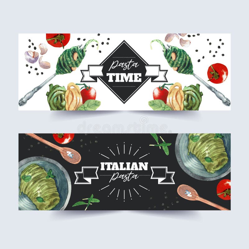 Pasta Banner Design with Ingredients of Pasta Watercolor Illustration ...