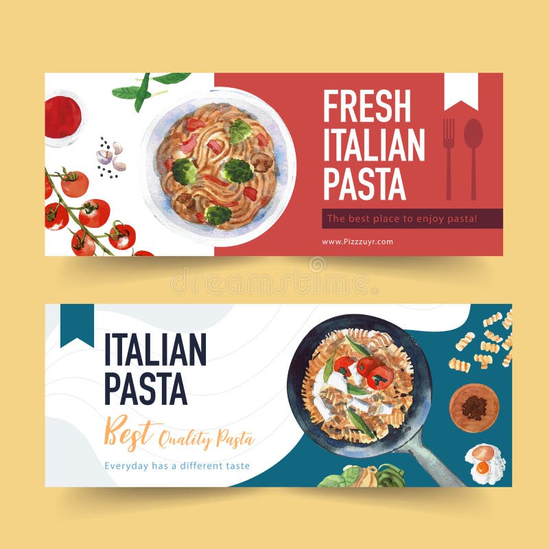 Pasta Banner Design with Tomato, Pasta Watercolor Illustration Stock ...