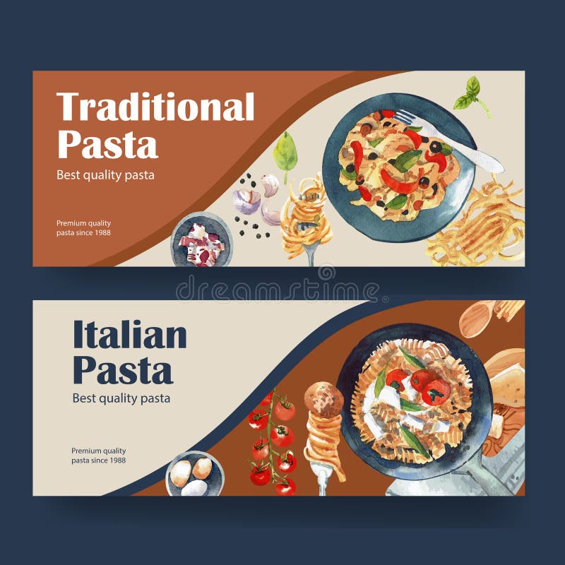 Pasta Banner Design with Various Pastas Watercolor Illustration Stock ...