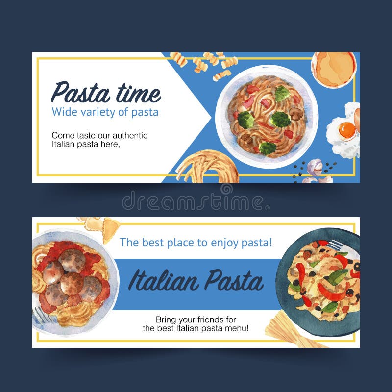 Pasta Banner Design with Various Pasta Watercolor Illustration Stock ...