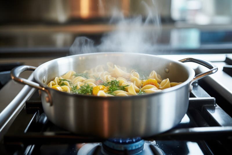 Pasta Boiling Over in a Large Pot on a Commercial Gas Range Stock ...