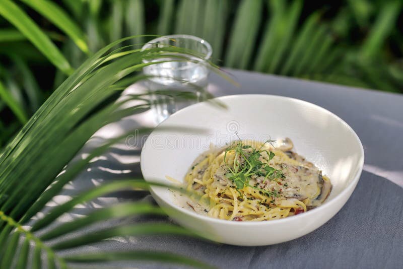 Pasta Bucatini Carbonara and Coconut on the Table. Stock Image - Image ...