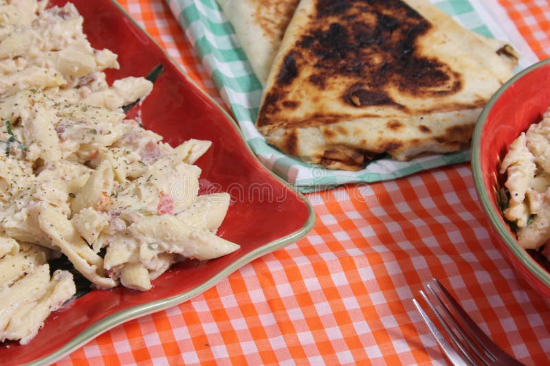 Pasta Carbonara with Italian Flat Bread on Buffet Table Stock Photo ...