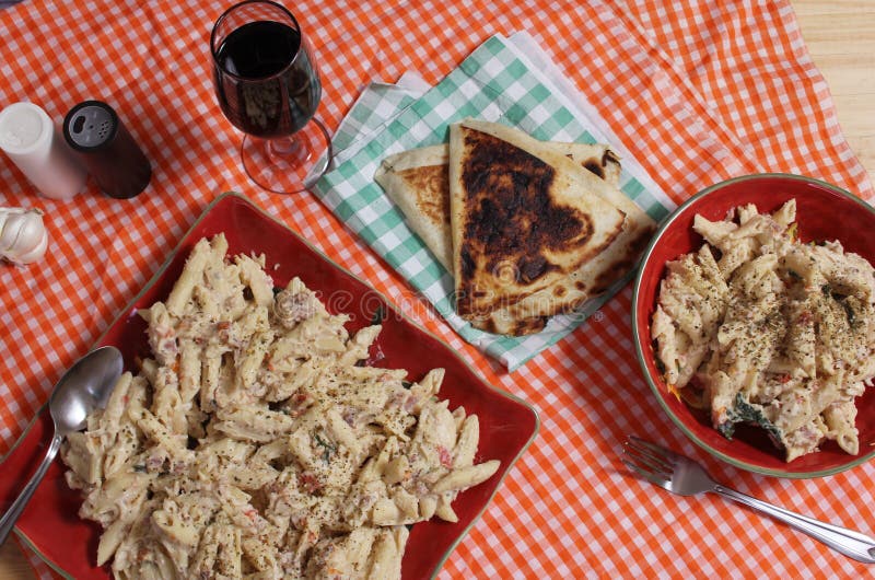 Pasta Carbonara with Italian Flat Bread on Buffet Table Stock Photo ...