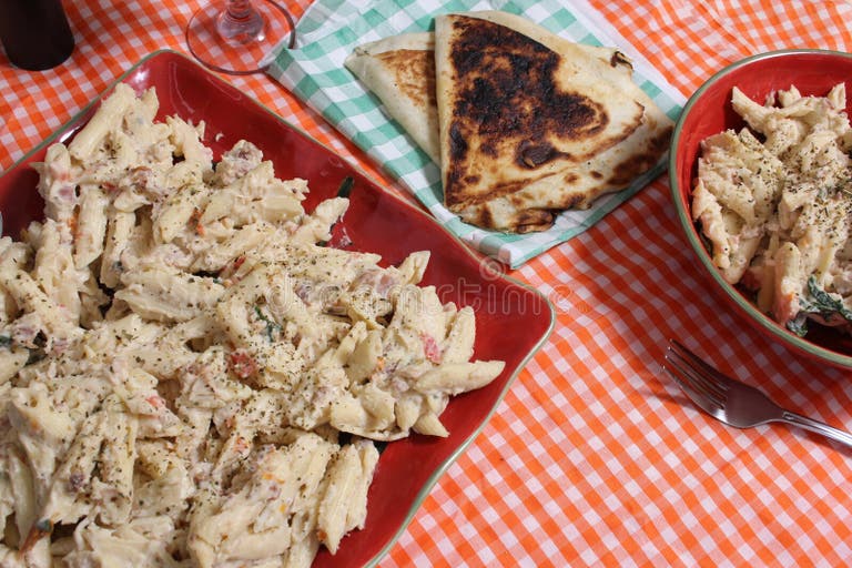 Pasta Carbonara with Italian Flat Bread on Buffet Table Stock Image ...