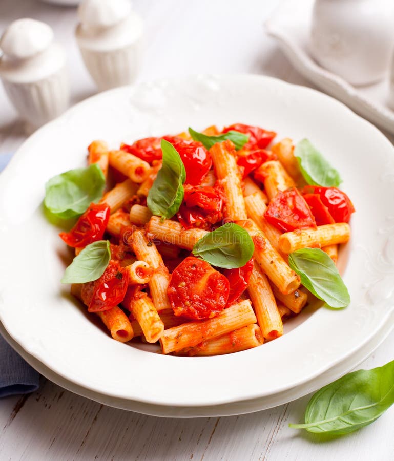 Pasta with Cherry Tomatoes and Basil Stock Photo - Image of rustic ...