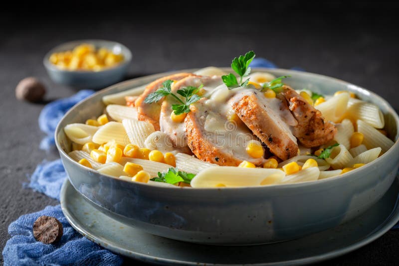 Pasta with Chicken, Corn and Bechamel Sauce Stock Image - Image of ...