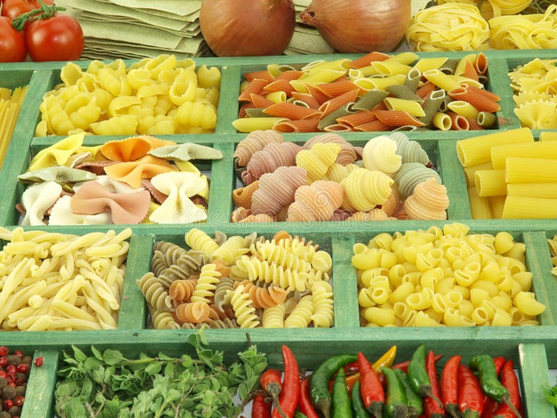Pasta Collection in Wooden Box and Ingredients Stock Photo - Image of ...
