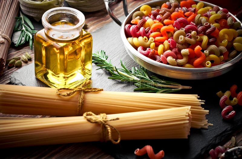Pasta in the Composition on the Table Stock Photo - Image of dark ...