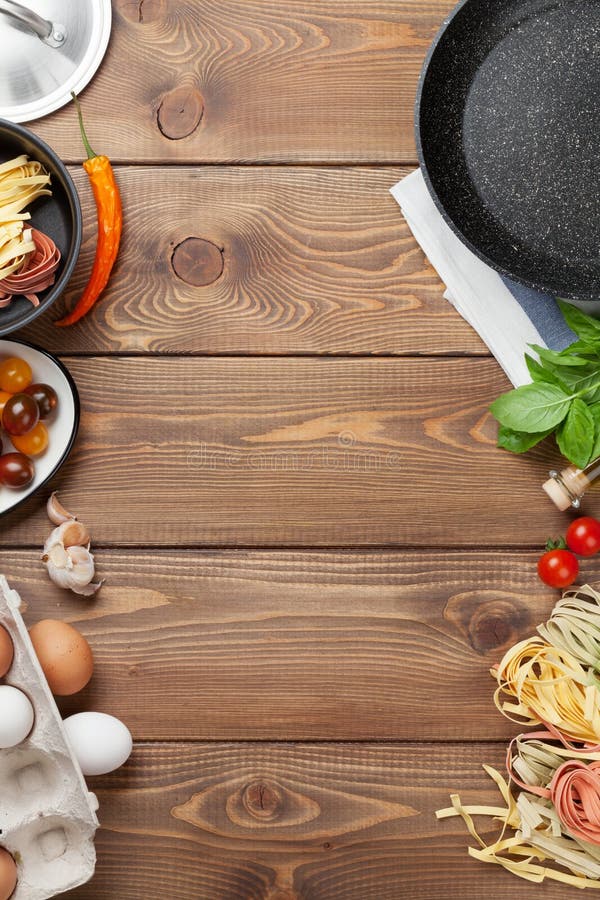 Pasta Cooking Ingredients and Utensils on Table Stock Image - Image of ...