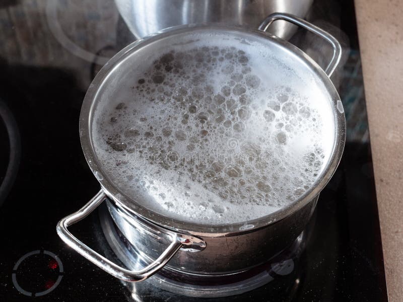 Pasta Cooking in Steel Pan on Stove at Home Stock Photo - Image of soup ...