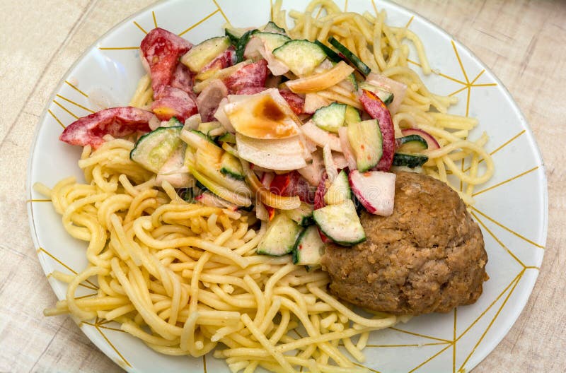 Pasta with Cutlet and Salad. Fast Breakfast Stock Photo - Image of ...