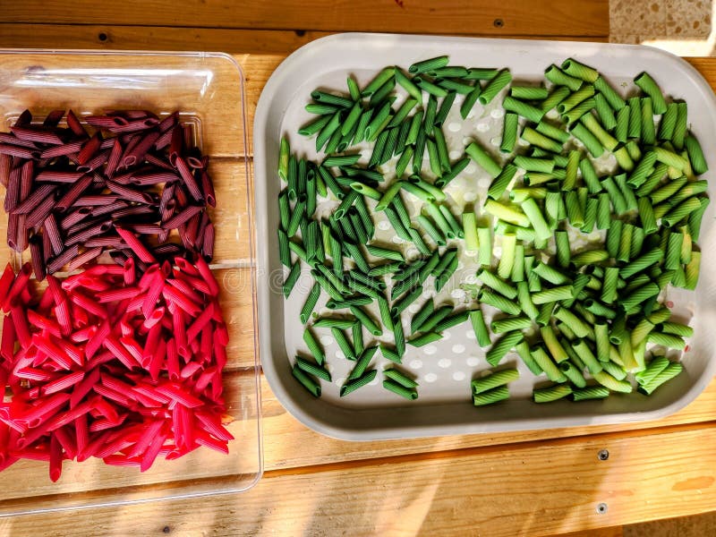 Pasta in Different Colors: Green, Red and Purple Stock Photo - Image of ...