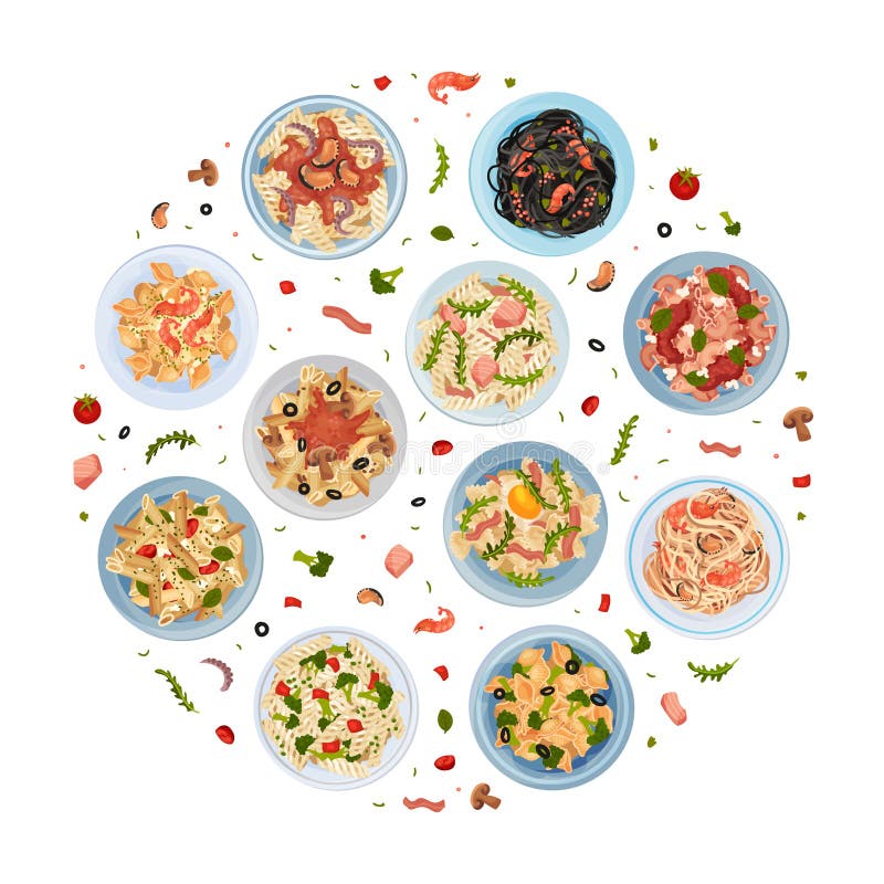 Pasta Dish Food Round Composition with Plate Serving Vector Template ...