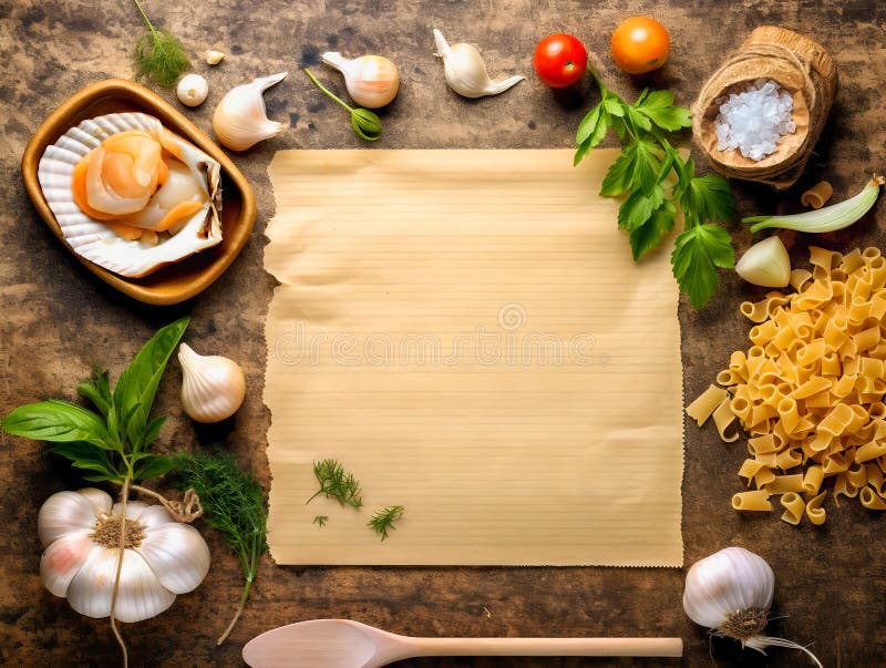 Pasta Dish. Ingredients Table Top with Space for Notes. Copy Space ...