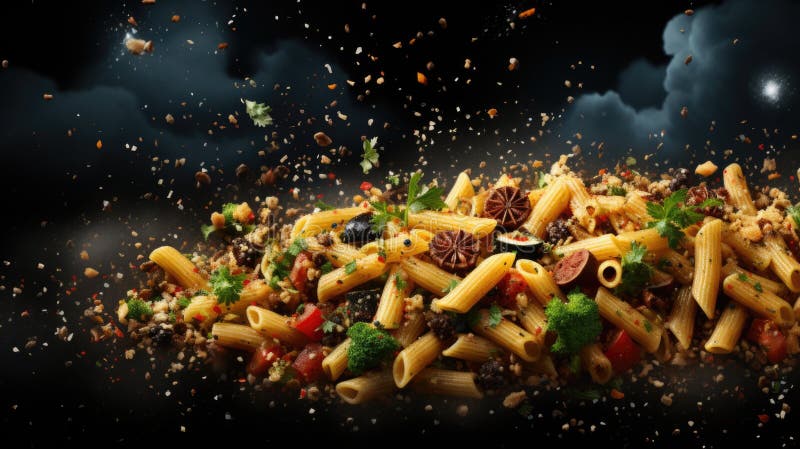 A Pasta Dish with Meat and Vegetables Falling from the Sky, AI Stock ...