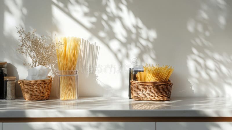 Pasta Displayed in Woven Baskets with Soft Light and Shadows in a Cozy ...